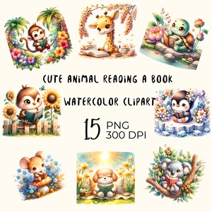 15 PNG Files : Cute Animal Reading a Book, Cute Summer Animal Clipart ...