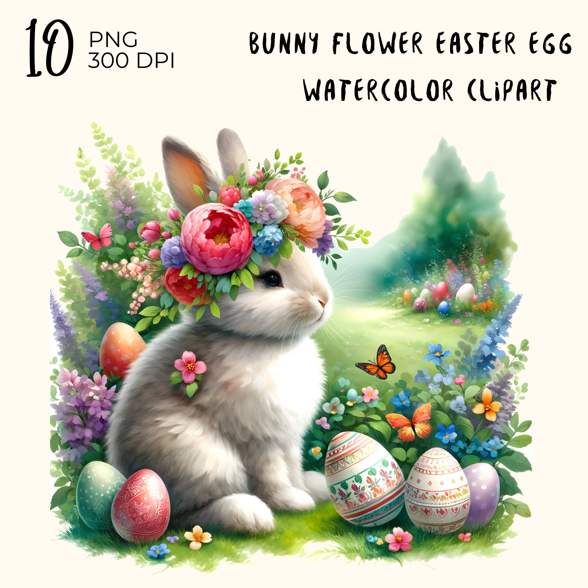 10 PNG Files : Bunny Flower Easter Egg Clipart, Watercolor Clipart Png ...