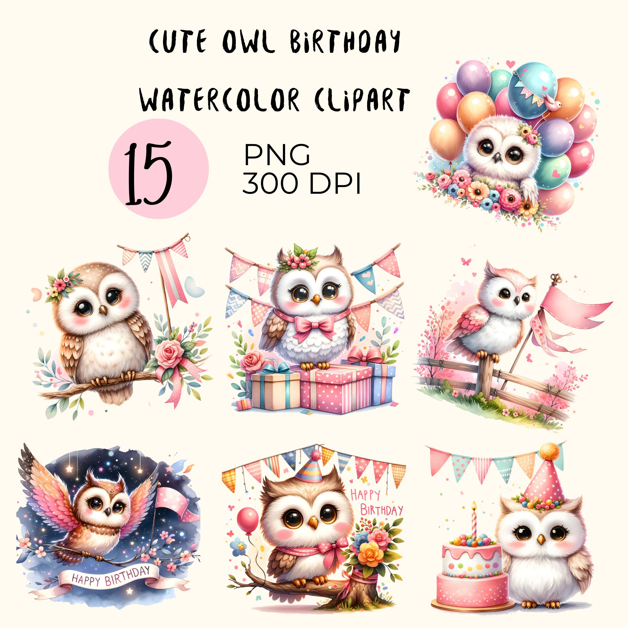15 PNG Files : Cute Owl With a Birthday Banner, Watercolor Cute Owl ...
