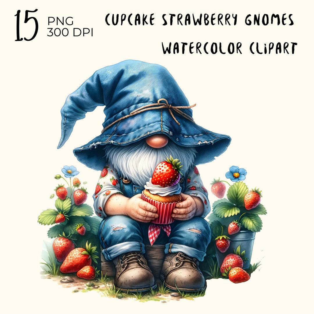 15 PNG Files : Cupcake Strawberry Gnomes, Summer Gnome, Watercolor ...