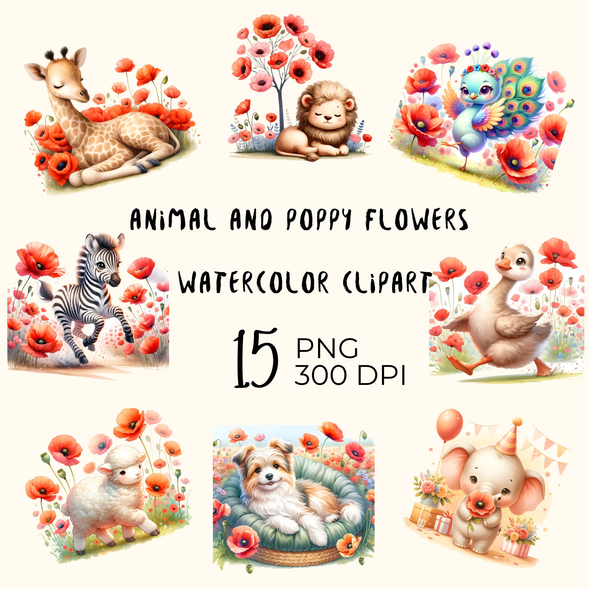 15 PNG Files : Animal and Poppy Flowers, Watercolor Animal Clipart ...