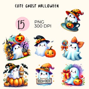 15 PNG : Cute Ghost Halloween, Watercolor Clipart Halloween Bundle ...