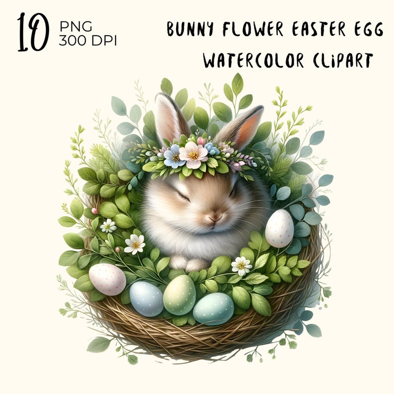 10 PNG Files : Bunny Flower Easter Egg Clipart, Watercolor Clipart Png ...
