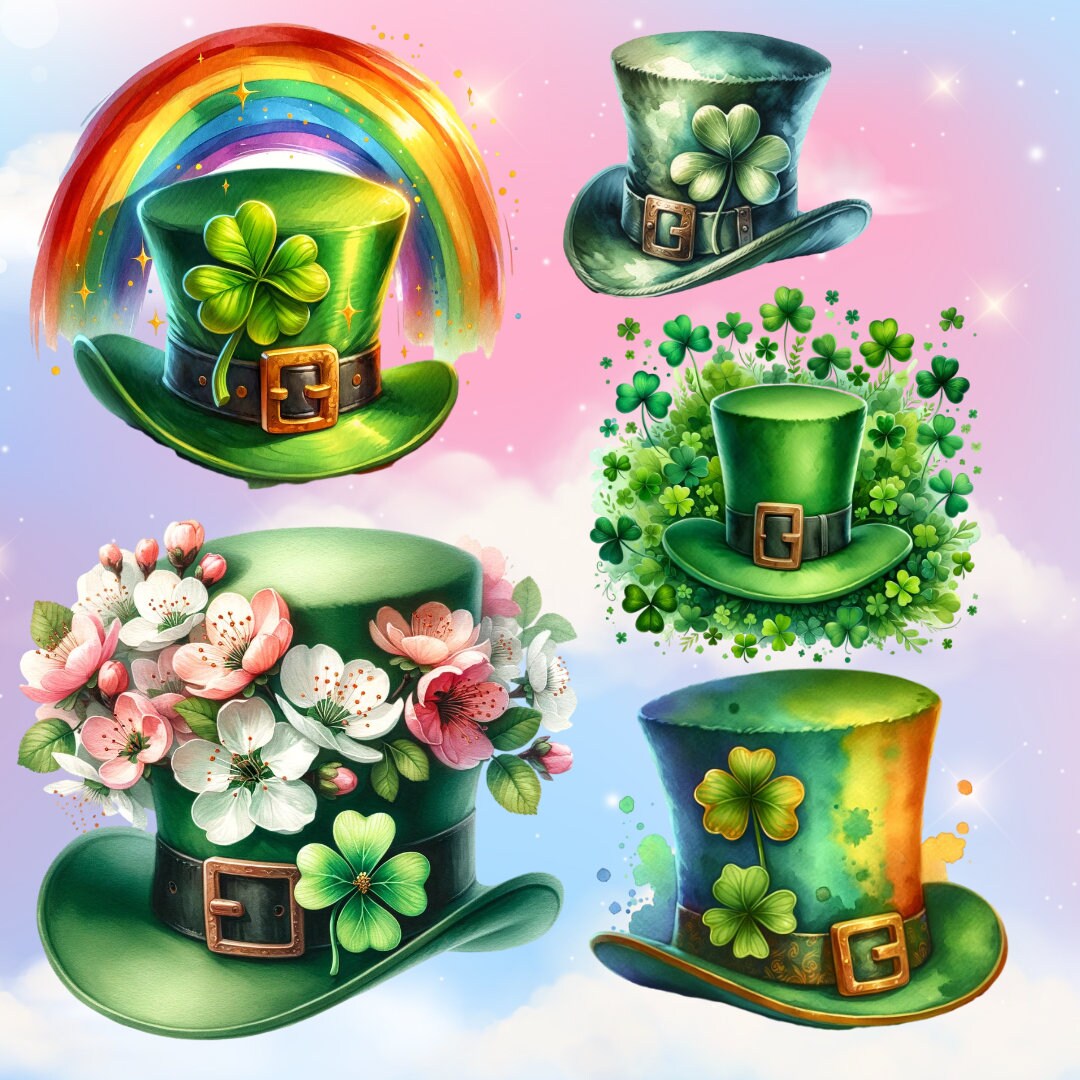10 PNG Files : Whimsical Leprechaun Hat With Clover Illustration ...