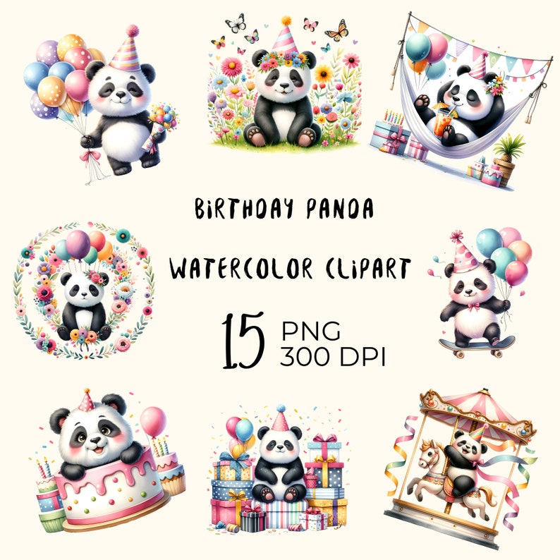 15 PNG Files : Birthday Panda With a Party Hat, Watercolor Panda, Panda ...