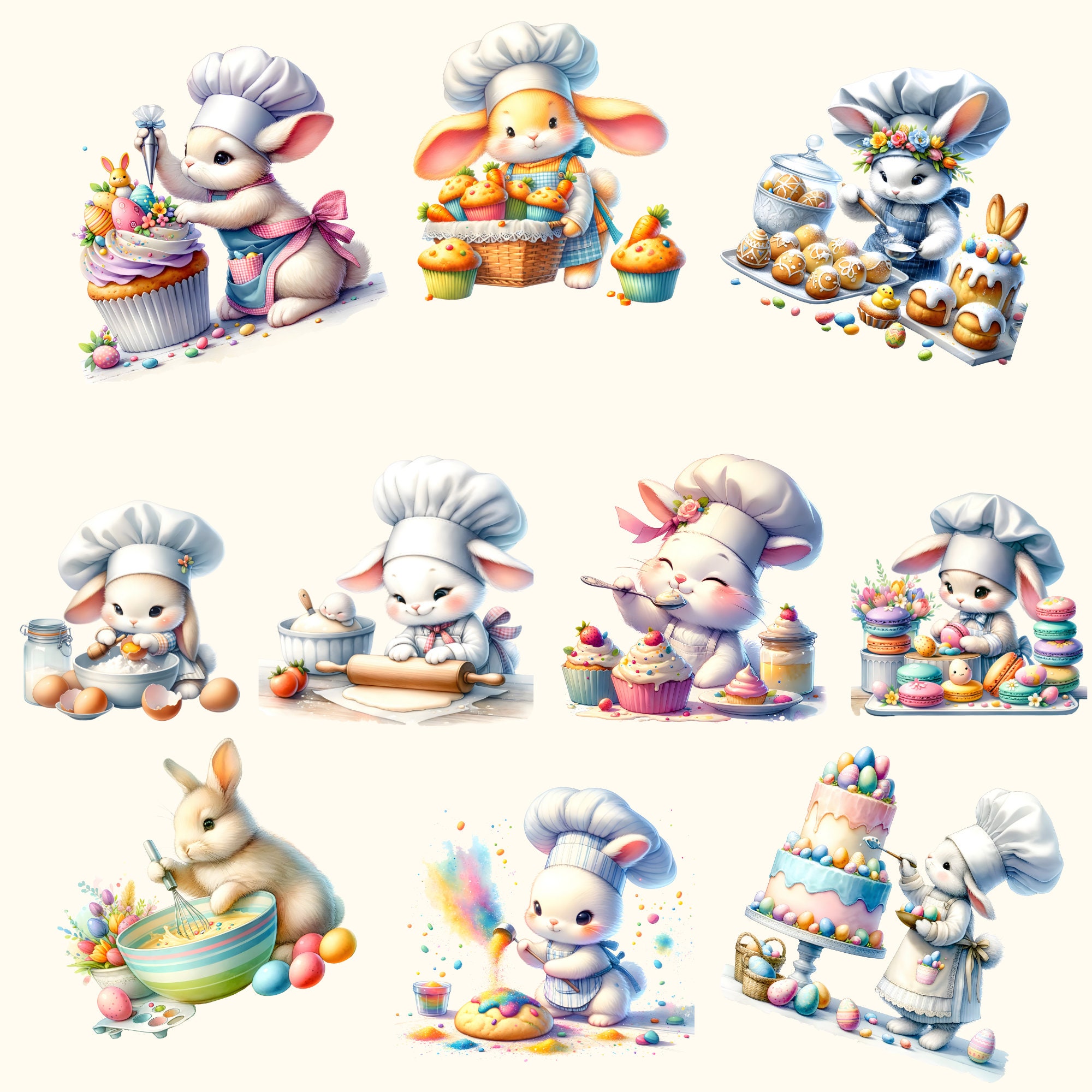 10 PNG Files : Bunny in a Chef's Hat Baking Easter Treats, Watercolor ...