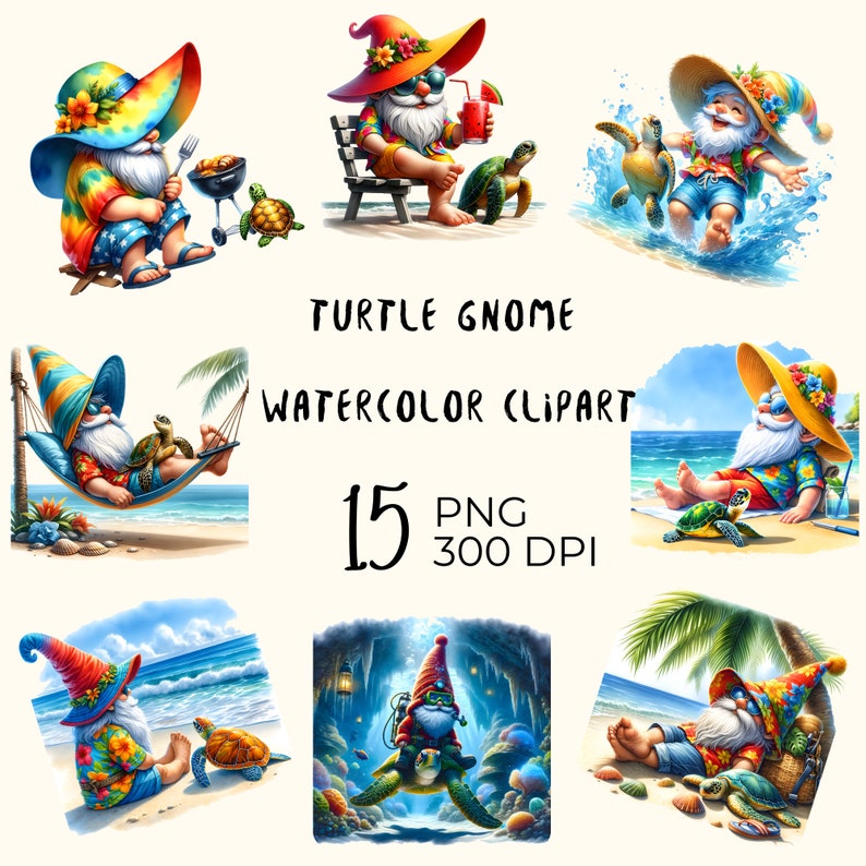 Turtle Gnome Watercolor PNG Clipart: Summer Gnomes (digital Download ...