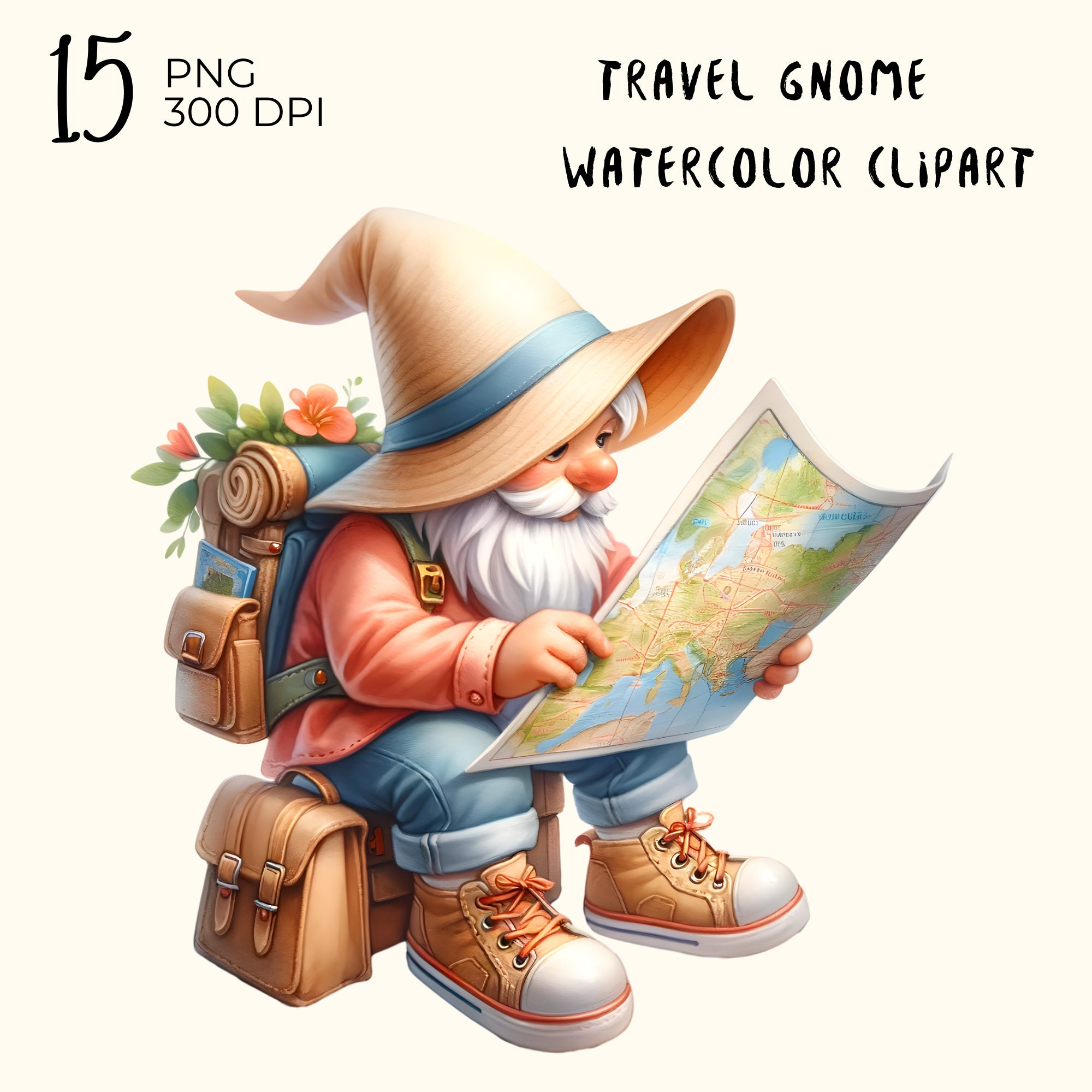 15 PNG Files : Travel Gnome, Tourist Gnome, Summer Gnome, Watercolor ...