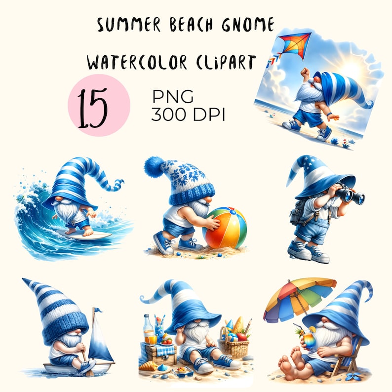 15 PNG Files : Watercolor Summer Beach Gnome Clipart, Blue Gnome Png ...