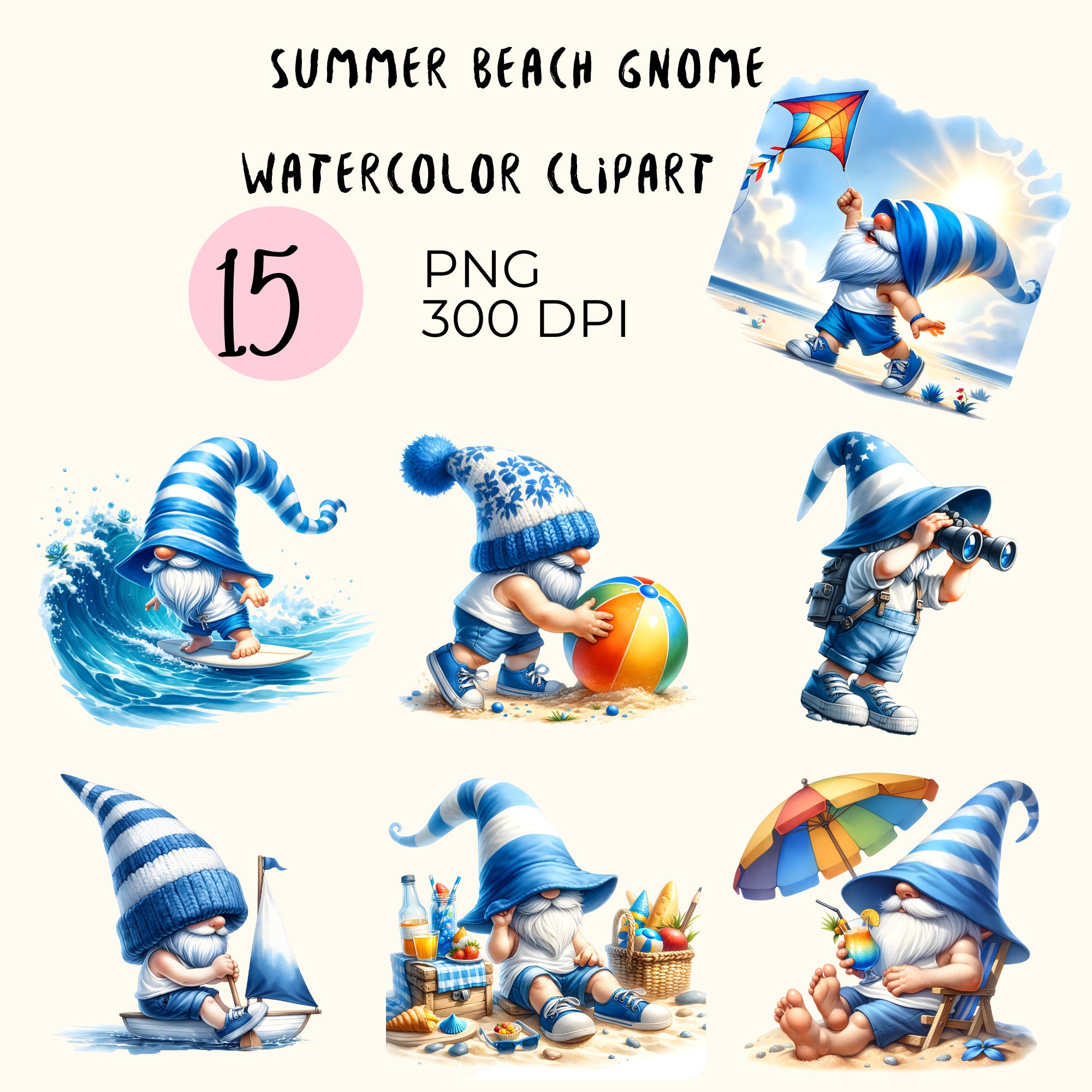 15 PNG Files : Watercolor Summer Beach Gnome Clipart, Blue Gnome Png ...