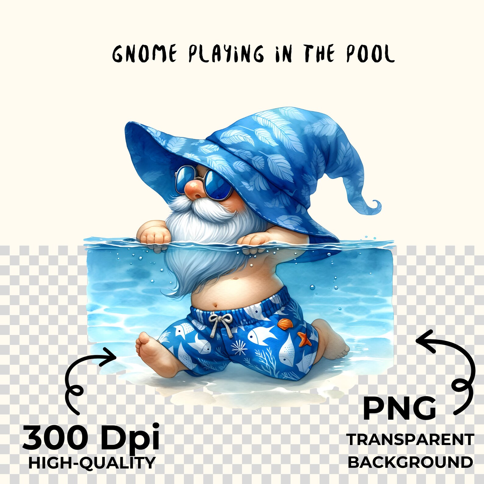 15 PNG Files : Gnome Playing in the Pool, Summer Gnome, Watercolor ...
