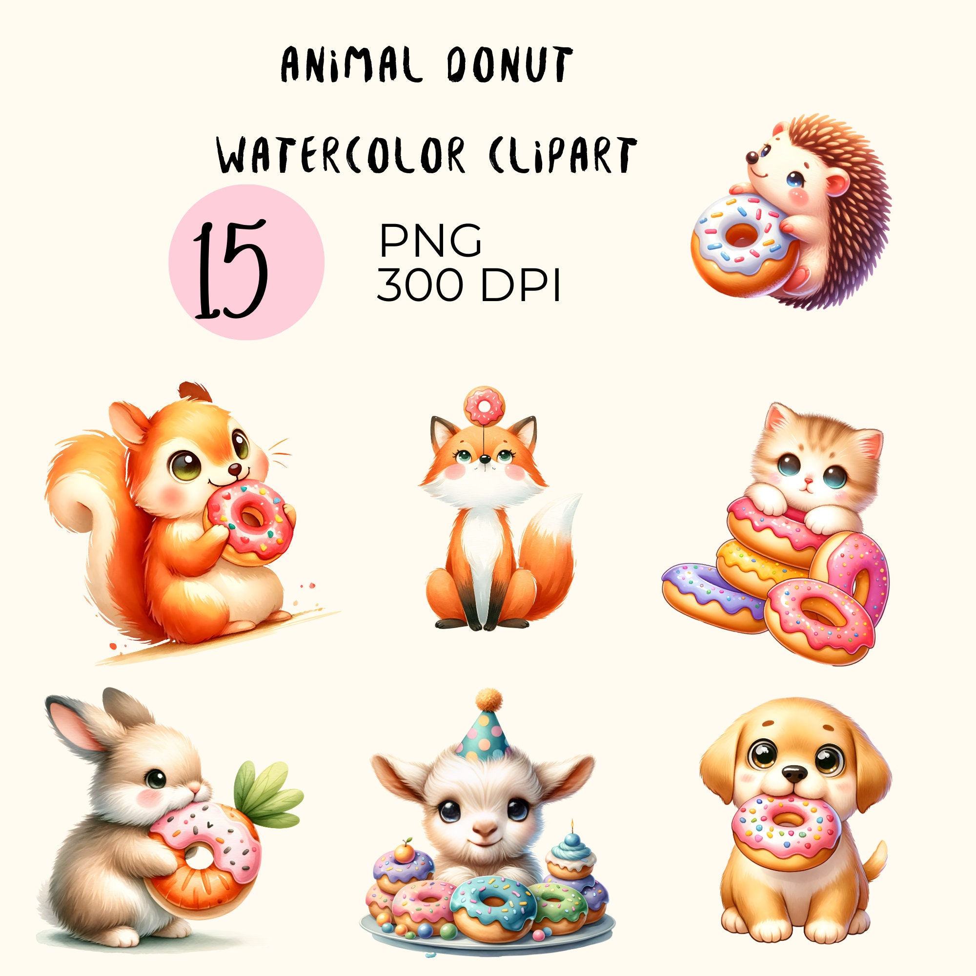 15 PNG Files : Animal Donut, Watercolor Animal Clipart, Watercolor Png ...