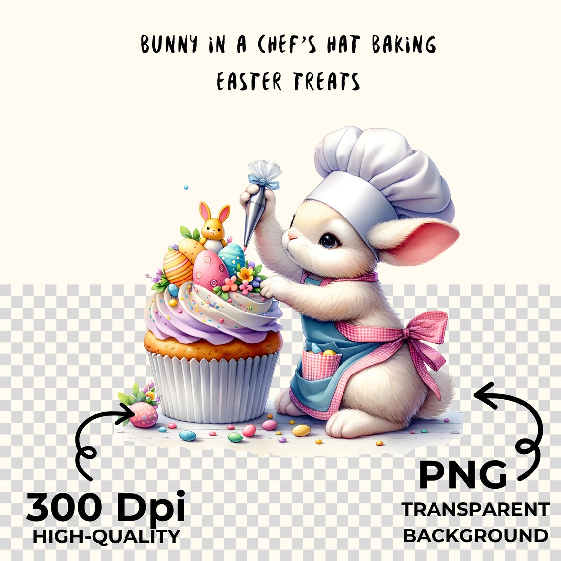 10 PNG Files : Bunny in a Chef's Hat Baking Easter Treats, Watercolor ...