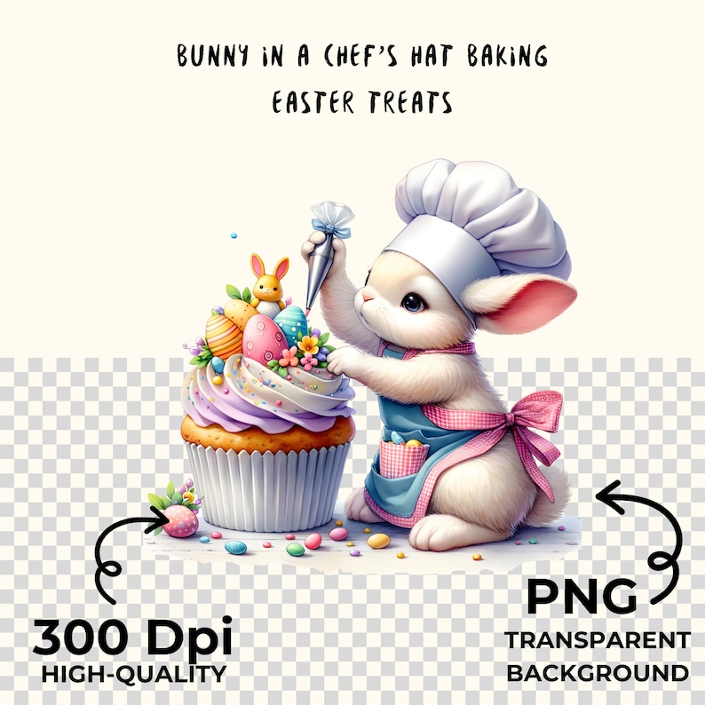 10 PNG Files : Bunny in a Chef's Hat Baking Easter Treats, Watercolor ...
