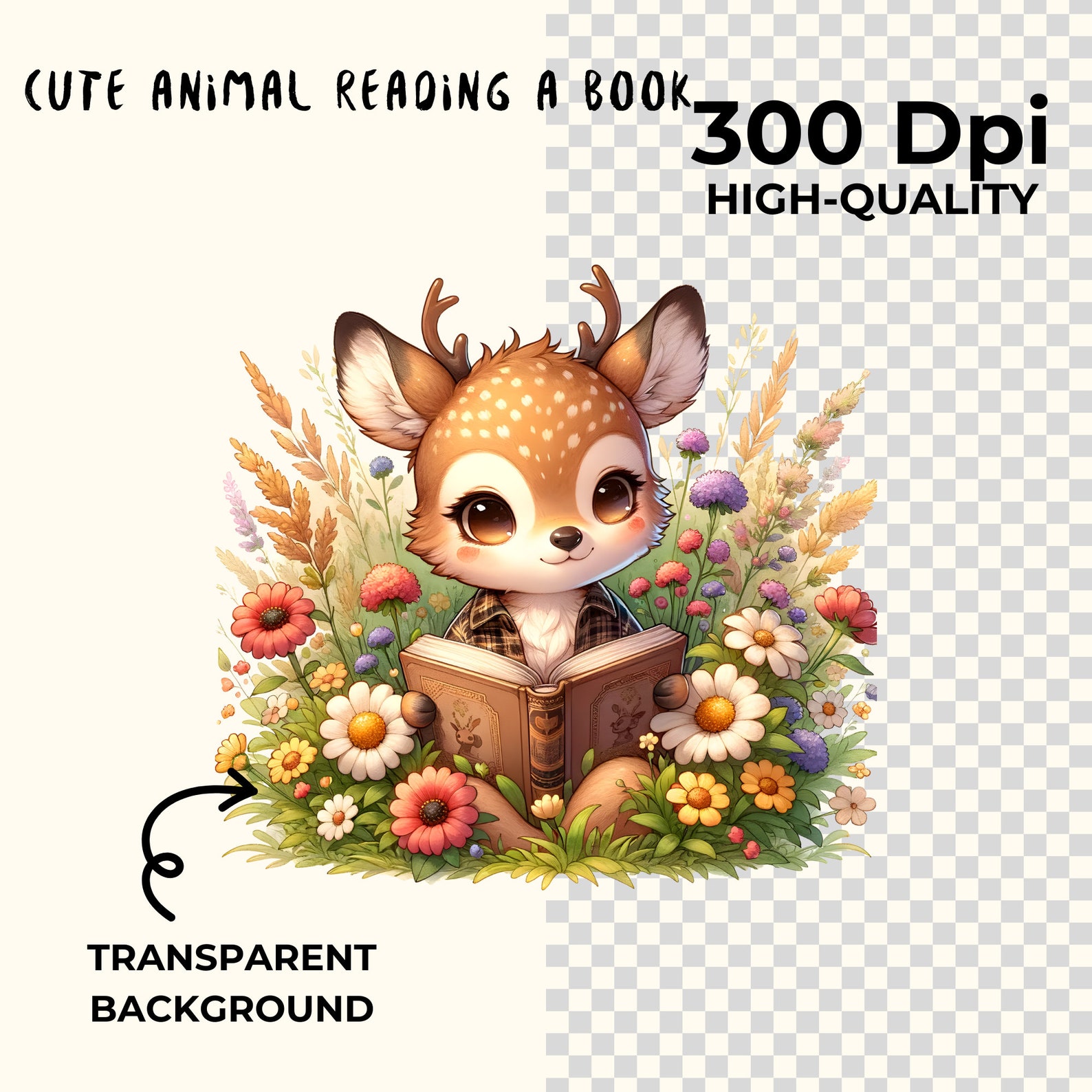 15 PNG Files : Cute Animal Reading a Book, Cute Summer Animal Clipart ...