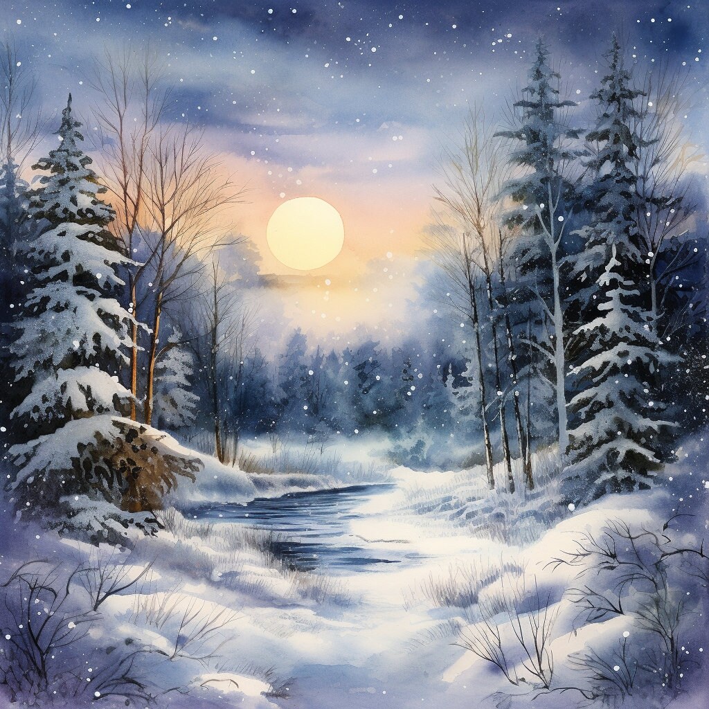 Watercolor Christmas Eve Moonlight, Digital Download, Card Making ...