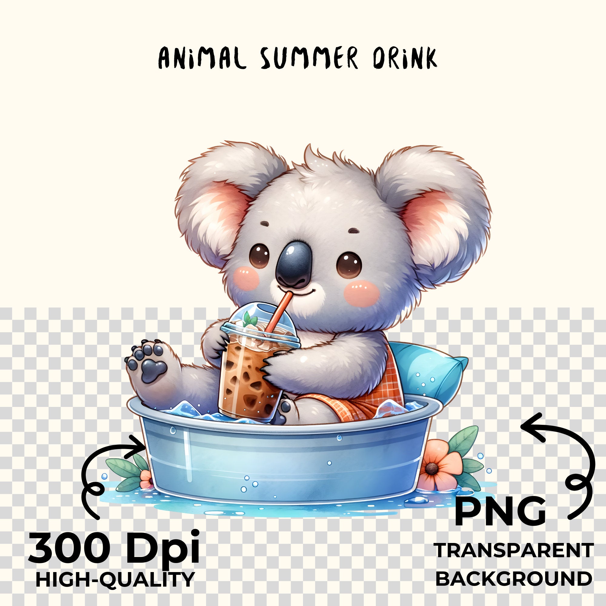 15 PNG Files : Animal Summer Drink, Watercolor Cute Animal, Watercolor ...
