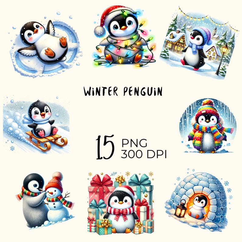 15 PNG : Winter Penguin, Cute Penguin Xmas, Winter Holiday Clipart ...