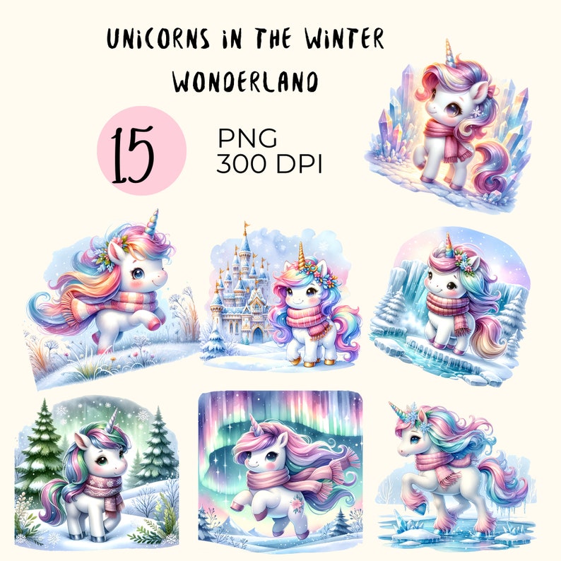 Winter Wonderland Unicorn Clipart: Watercolor PNG Files (digital ...