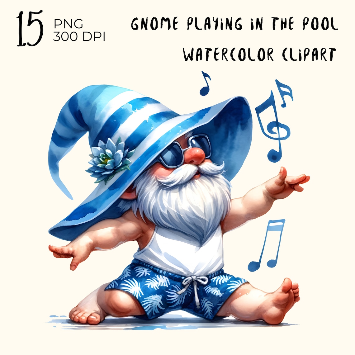 15 PNG Files : Gnome Playing in the Pool, Summer Gnome, Watercolor ...