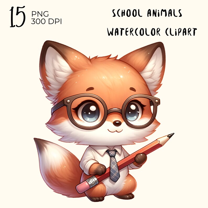 Watercolor School Animals Clipart: 15 PNG Files (300 DPI) - Etsy