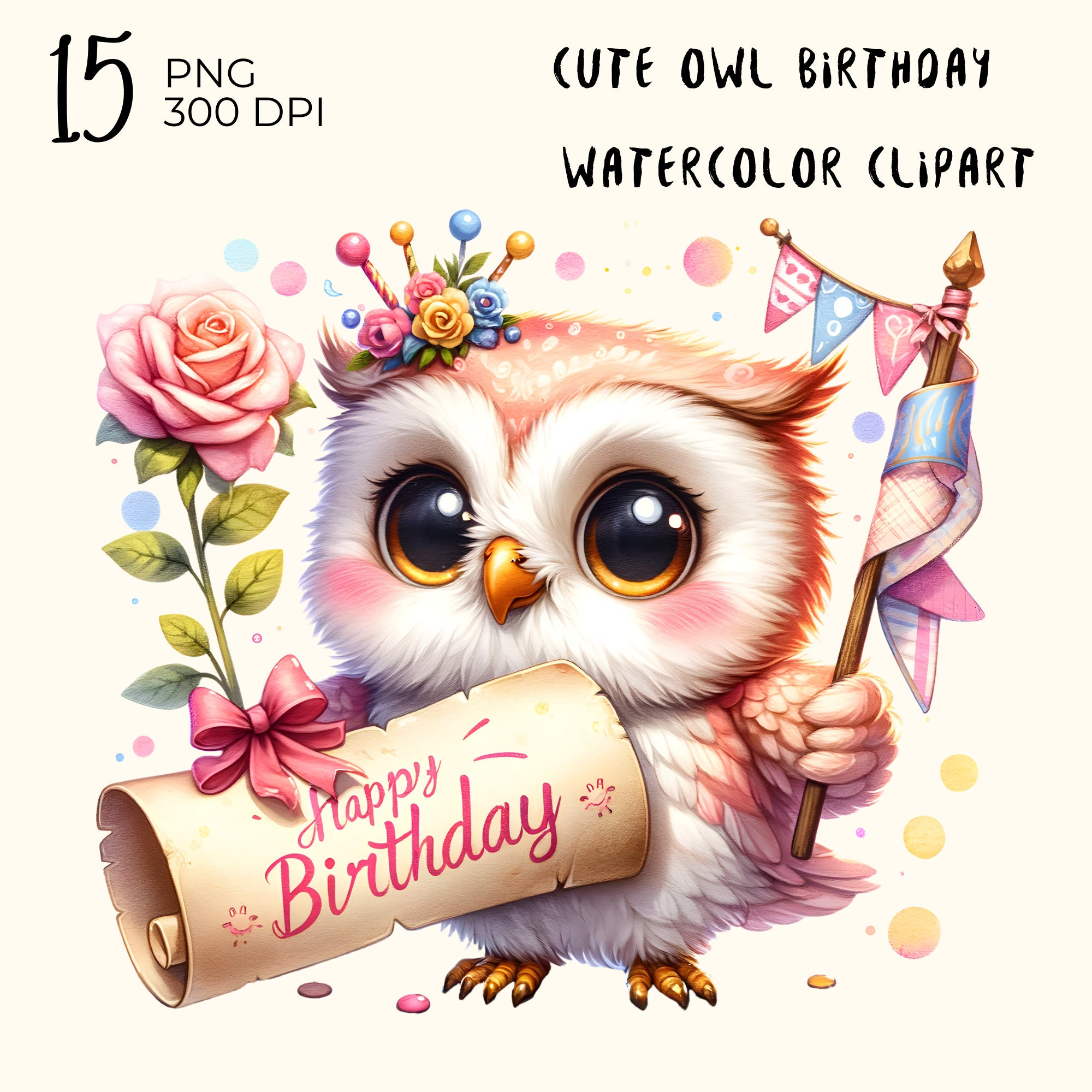 15 PNG Files : Cute Owl With a Birthday Banner, Watercolor Cute Owl ...