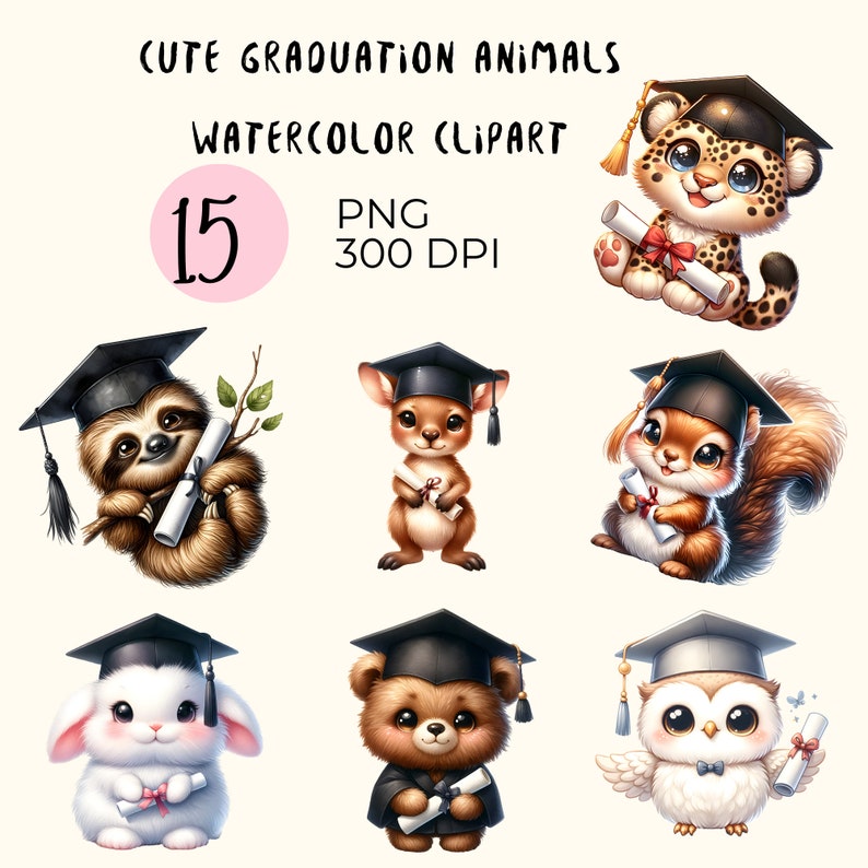 15 PNG Files : Cute Graduation Animals, Watercolor Cute Animal ...