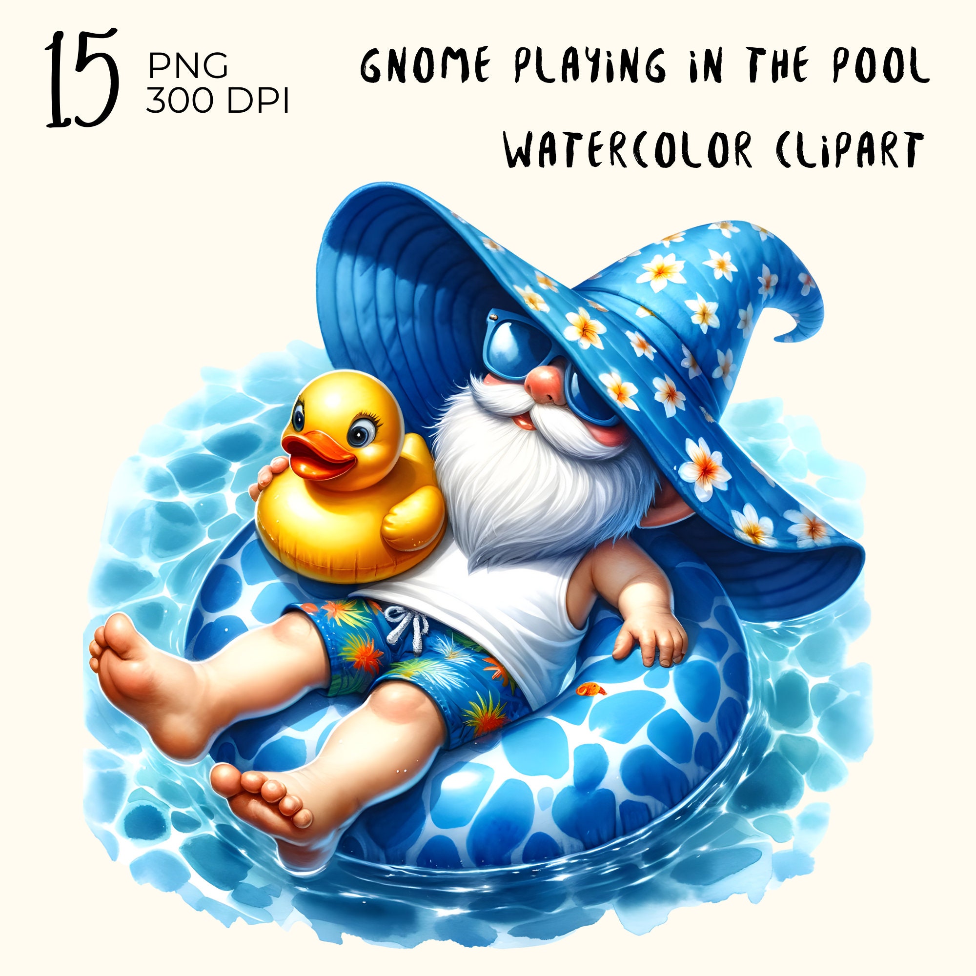 15 PNG Files : Gnome Playing in the Pool, Summer Gnome, Watercolor ...