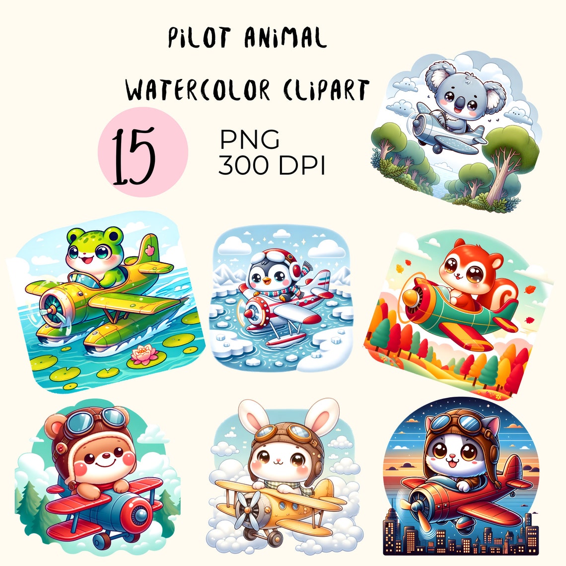 15 PNG Files : Pilot Animal, Watercolor Animal Clipart, Watercolor Png ...
