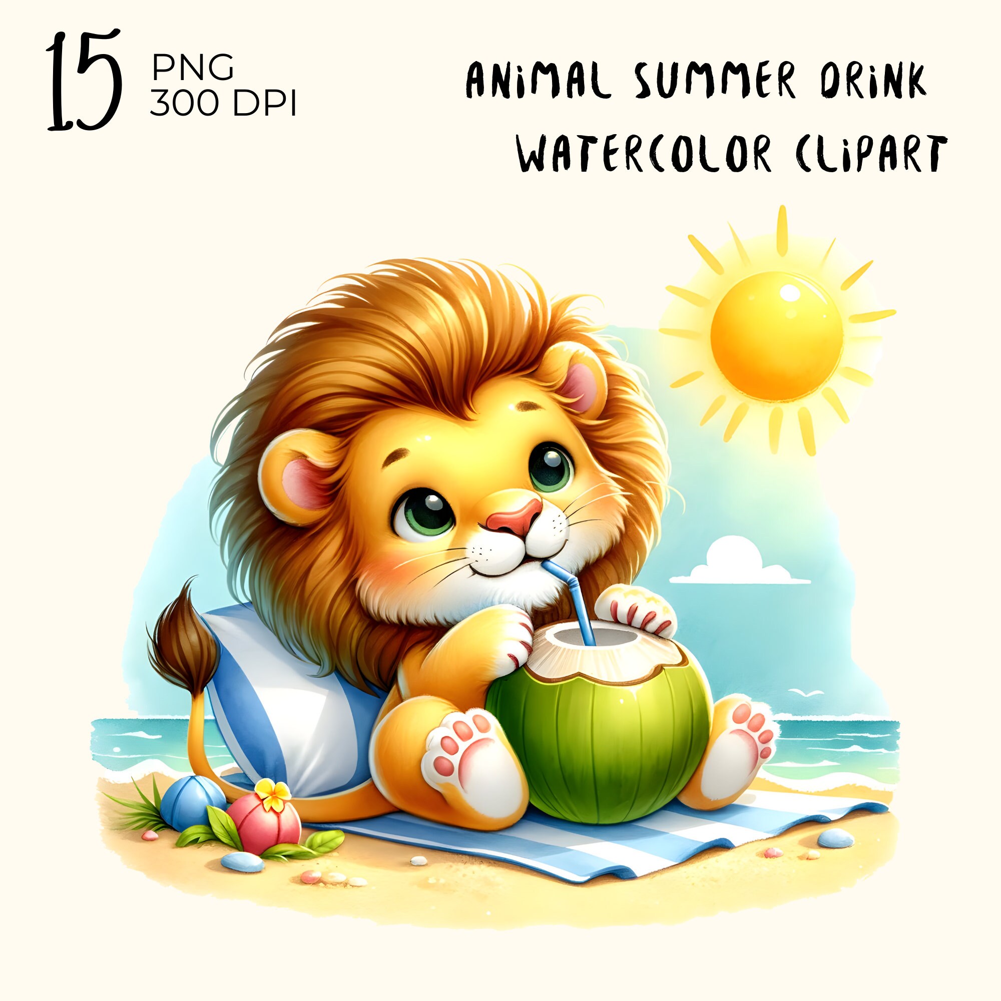 15 PNG Files : Animal Summer Drink, Watercolor Cute Animal, Watercolor ...