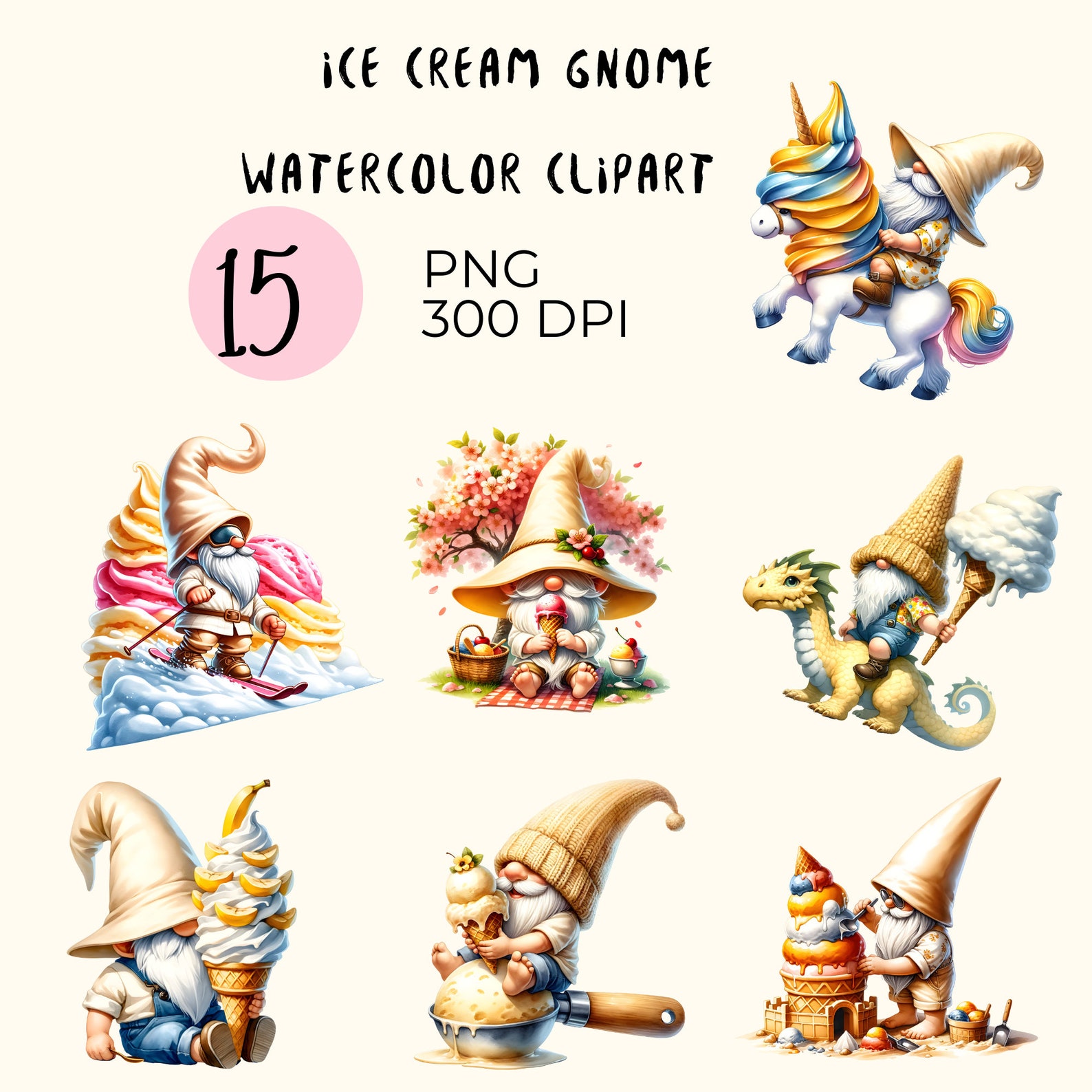 15 PNG Files : Ice Cream Gnome Clipart, Watercolor Gnome Png ...