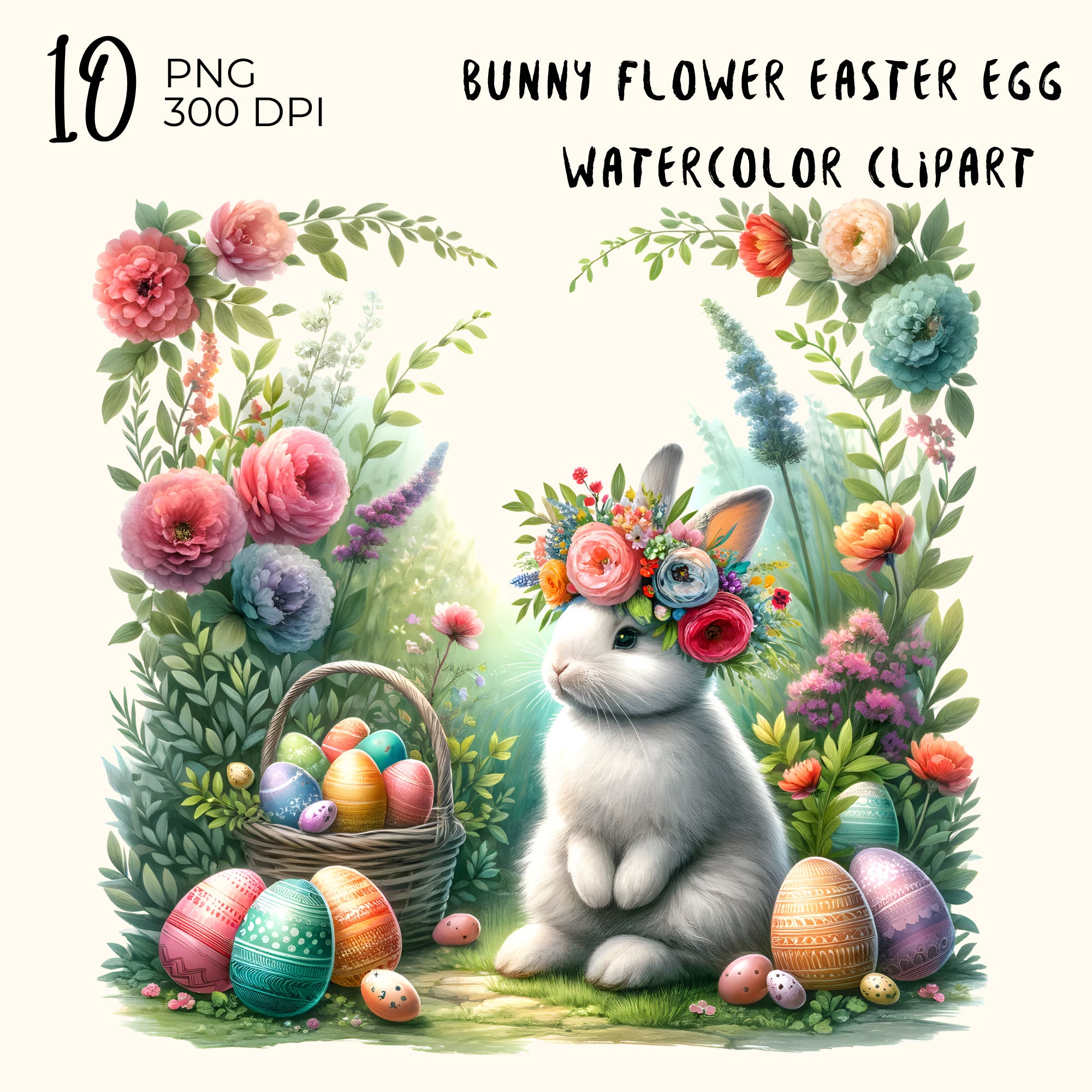 10 PNG Files : Bunny Flower Easter Egg Clipart, Watercolor Clipart Png ...