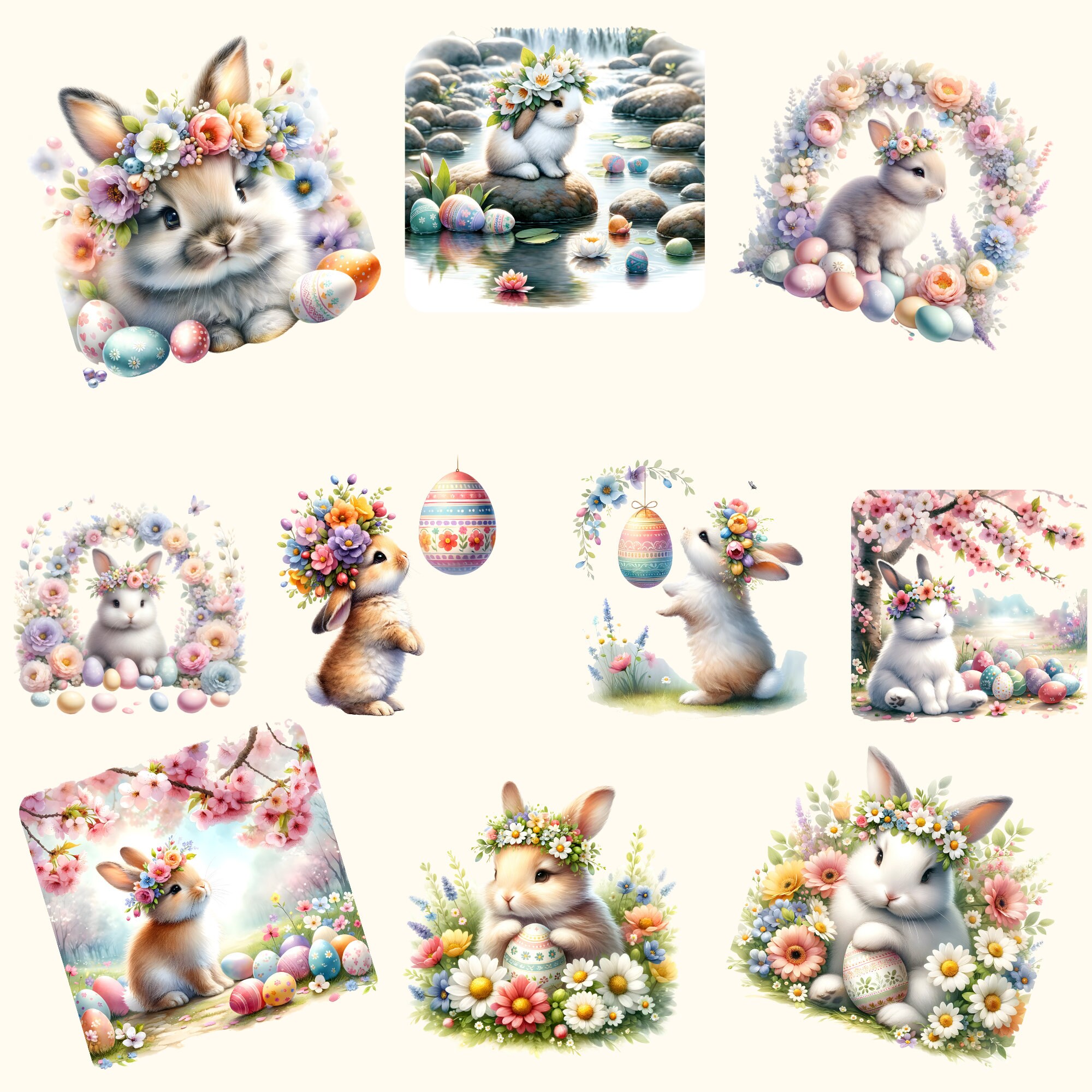 10 PNG Files : Bunny Flower Easter Egg Clipart, Watercolor Clipart Png ...