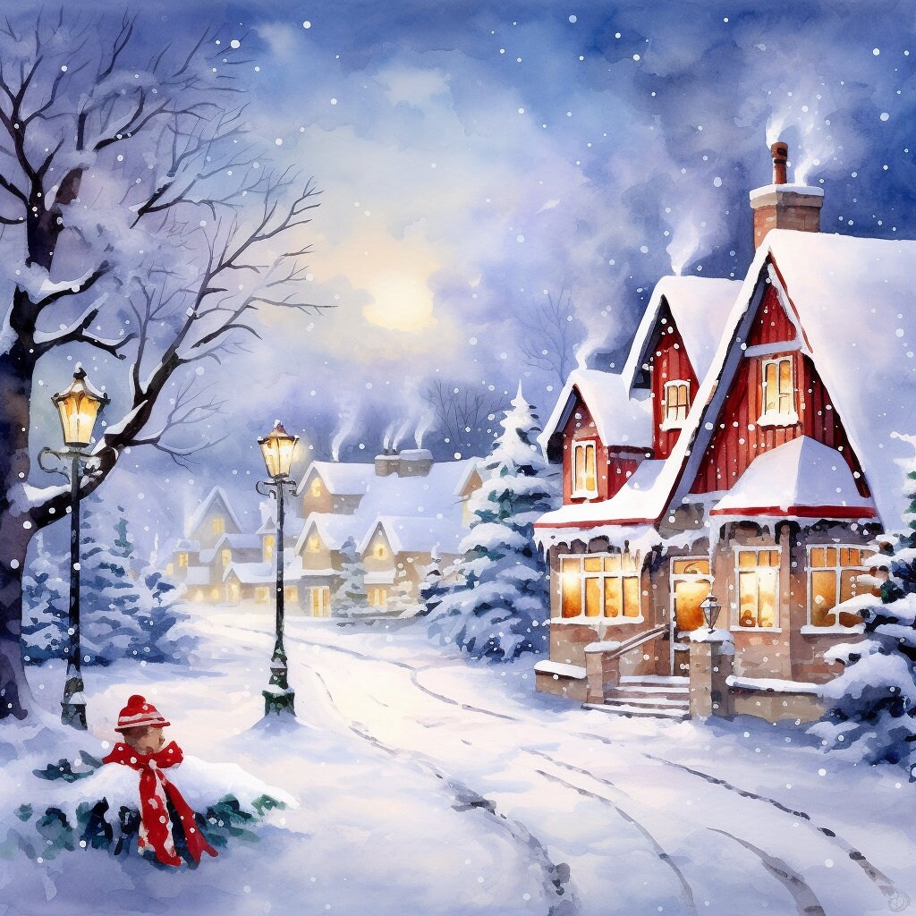 Watercolor Christmas Holiday Village, Digital Download, Card Making ...