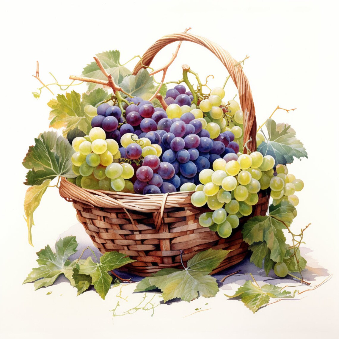 Watercolor Grapes in a Basket, Fruit, Digital Download, Card Making ...