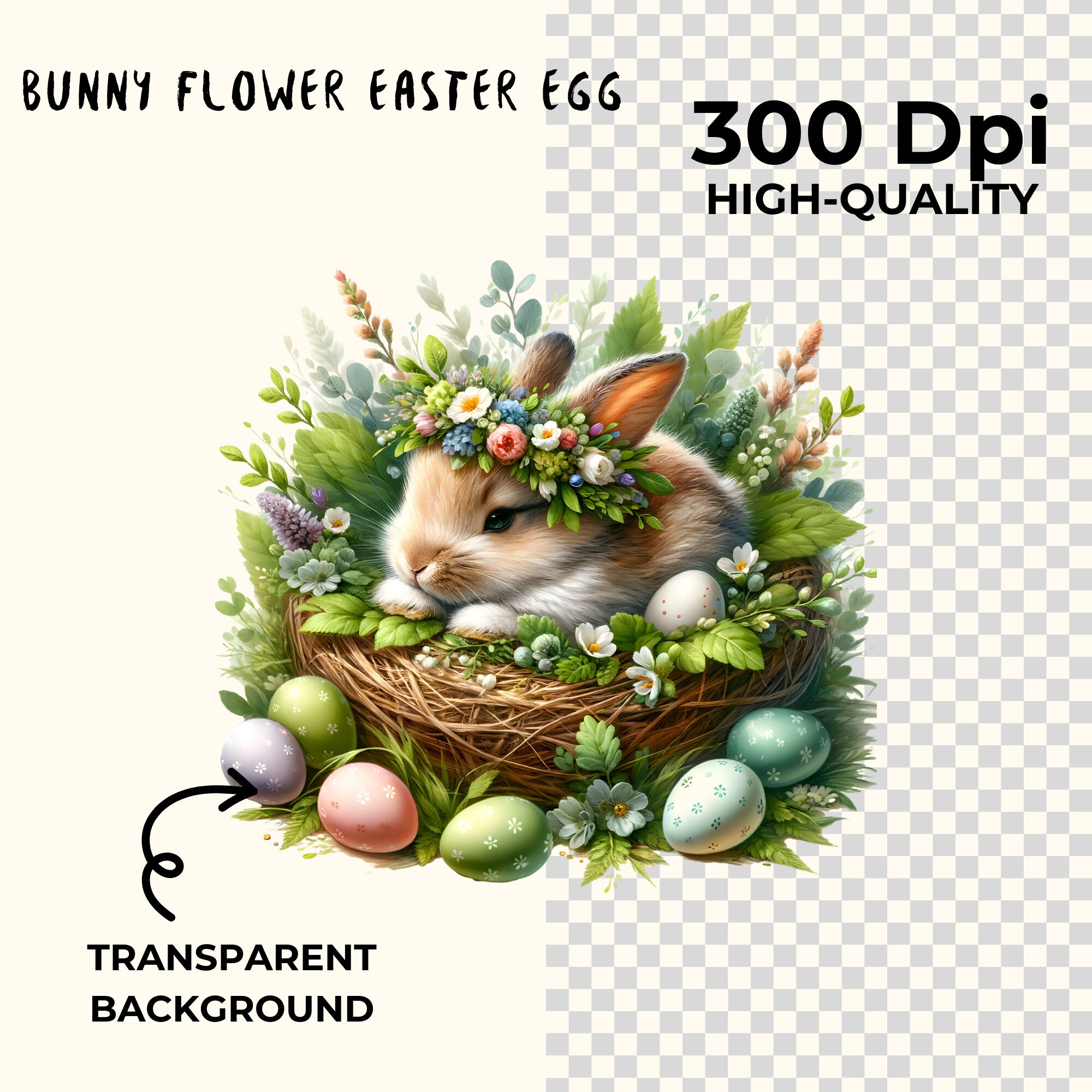 10 PNG Files : Bunny Flower Easter Egg Clipart, Watercolor Clipart Png ...