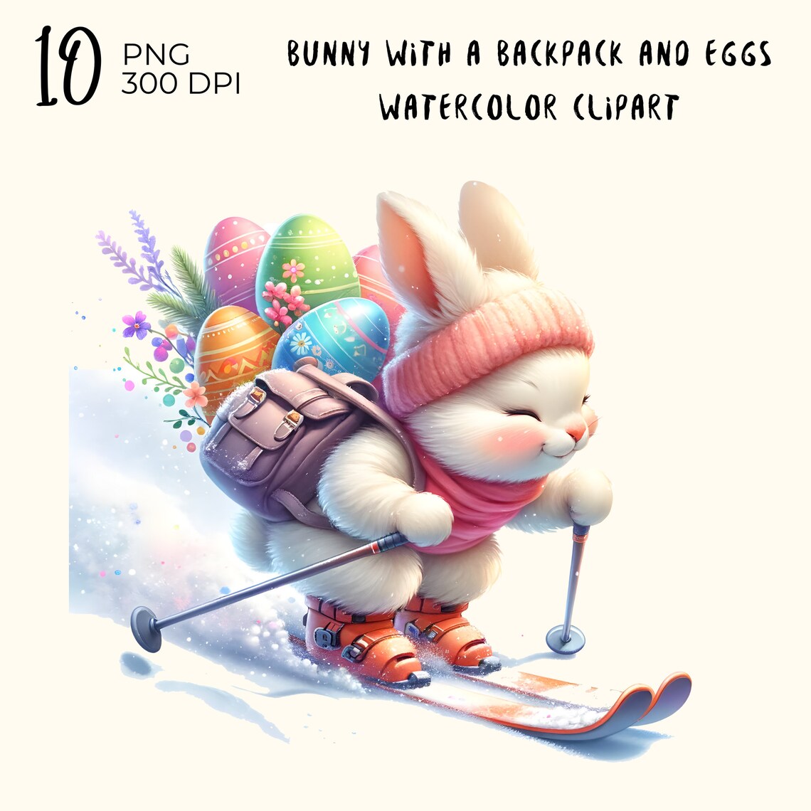 10 PNG Files : Bunny With a Backpack and Eggs, Watercolor Bunny Png ...