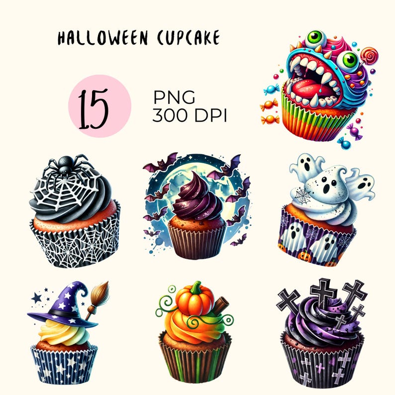 15 PNG : Watercolor Halloween Cupcake, Card Making, Paper Craft - Junk ...