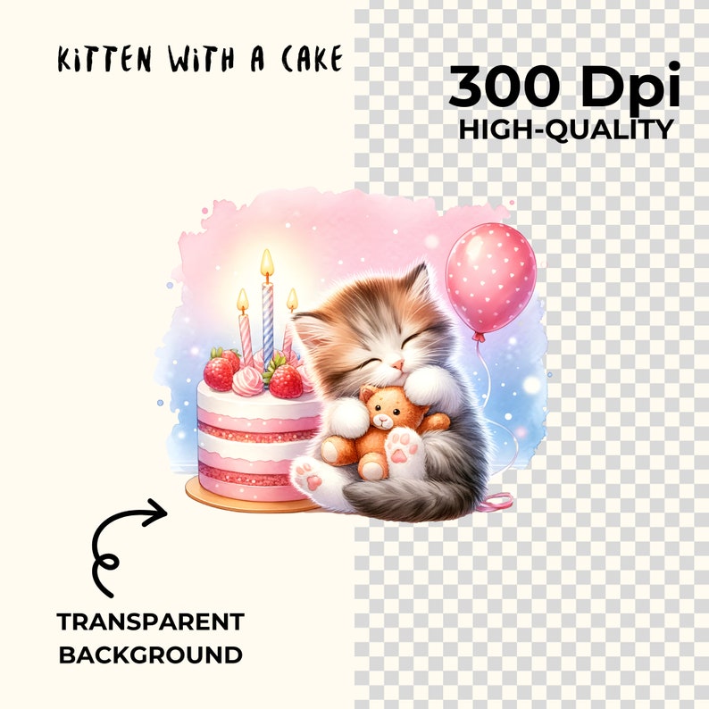 Watercolor Birthday Kitten PNG Clipart: Cake & Balloons (digital ...