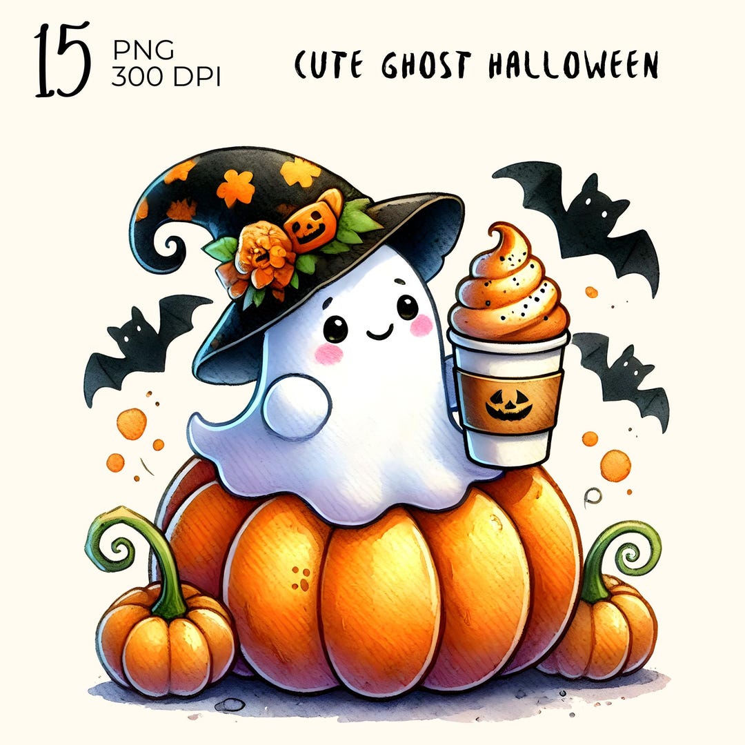 15 PNG : Cute Ghost Halloween, Watercolor Clipart Halloween Bundle ...