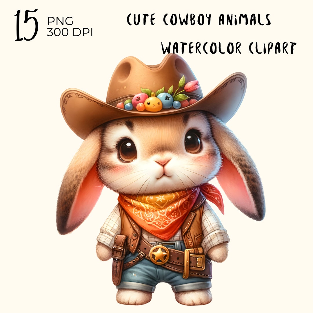 15 PNG Files : Cute Cowboy Animal, Animal Clipart , Watercolor Western ...
