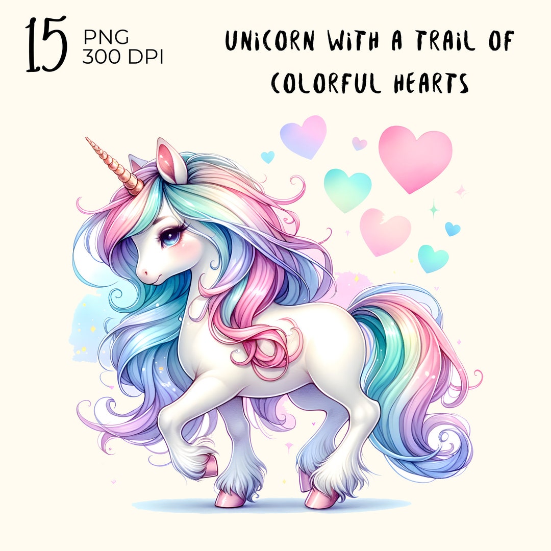Watercolor Unicorn Clipart: Colorful Hearts Trail (PNG Digital Download ...