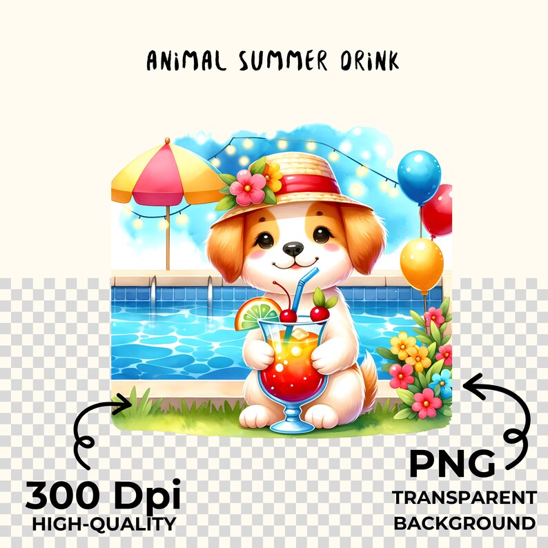 15 PNG Files : Animal Summer Drink, Watercolor Cute Animal, Watercolor ...