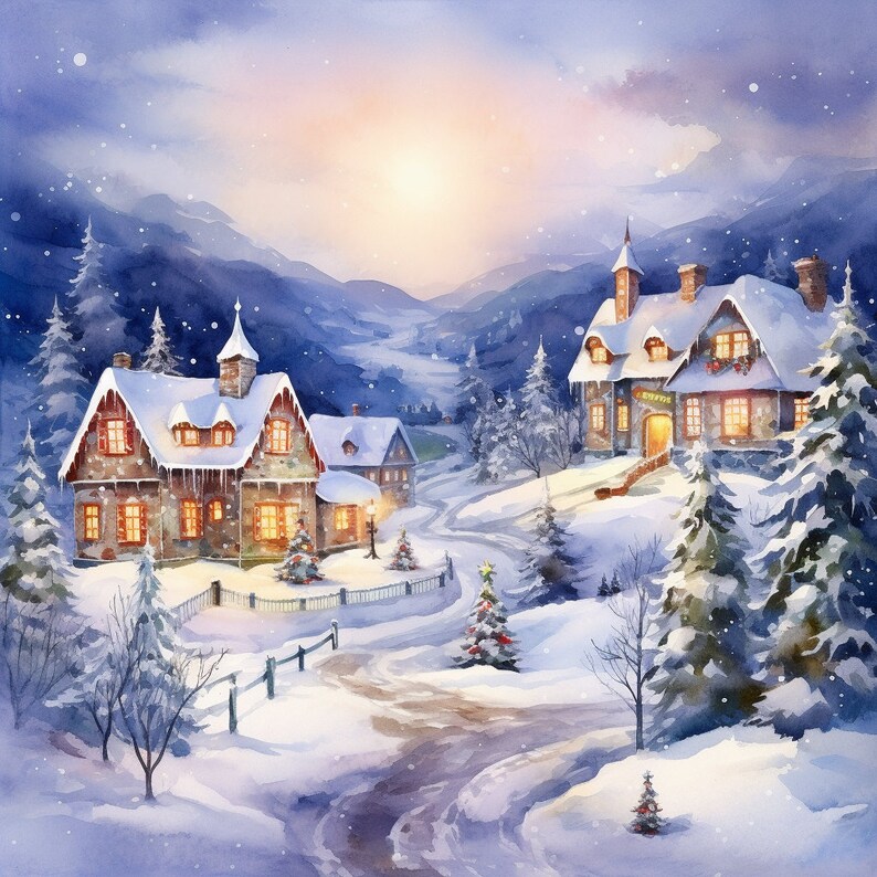 Watercolor Christmas Holiday Village, Digital Download, Card Making ...