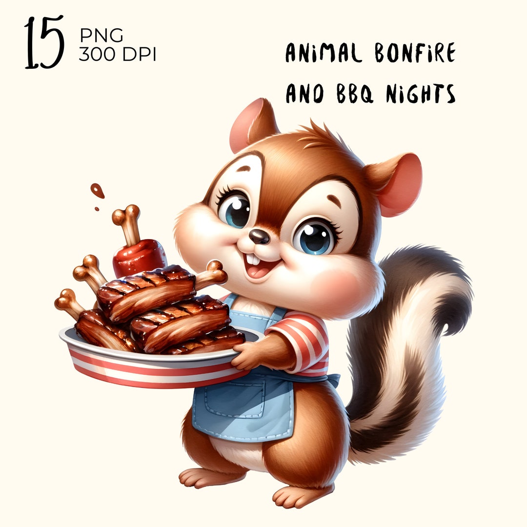 15 PNG Files : Animal Bonfire and BBQ Nights, Watercolor Cute Animal ...