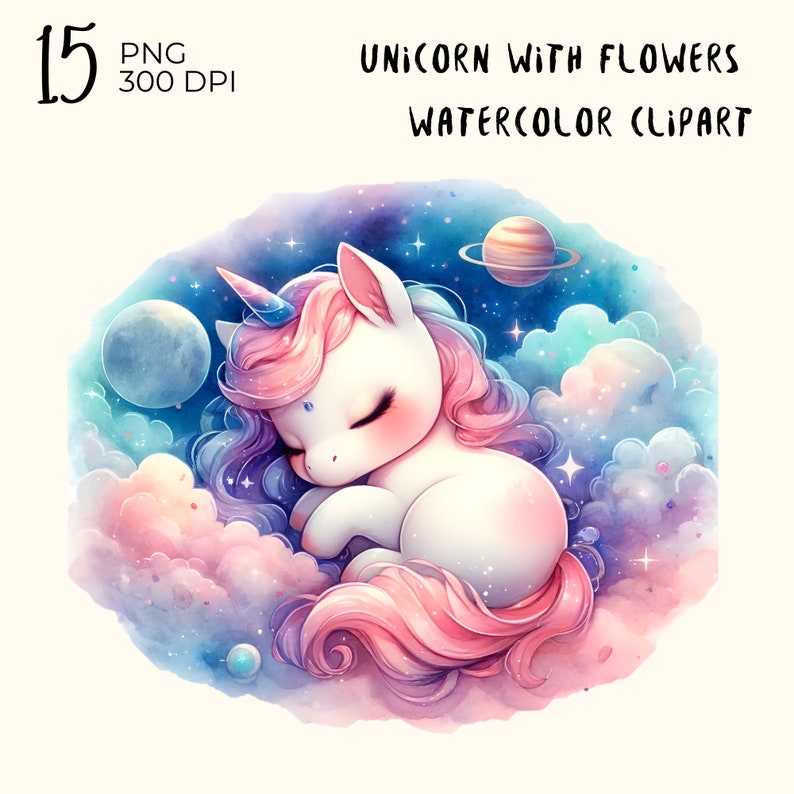 Galaxy Unicorn Clipart: Watercolor Kawaii PNG Files (digital Download ...