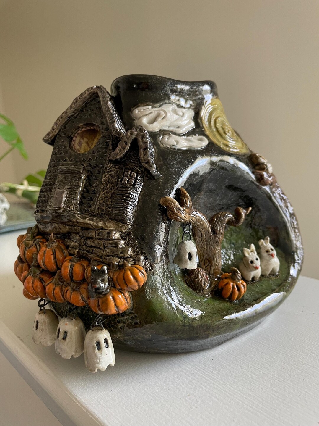 One-of-a-kind Ceramic Halloween Village Vase Luminary - Etsy