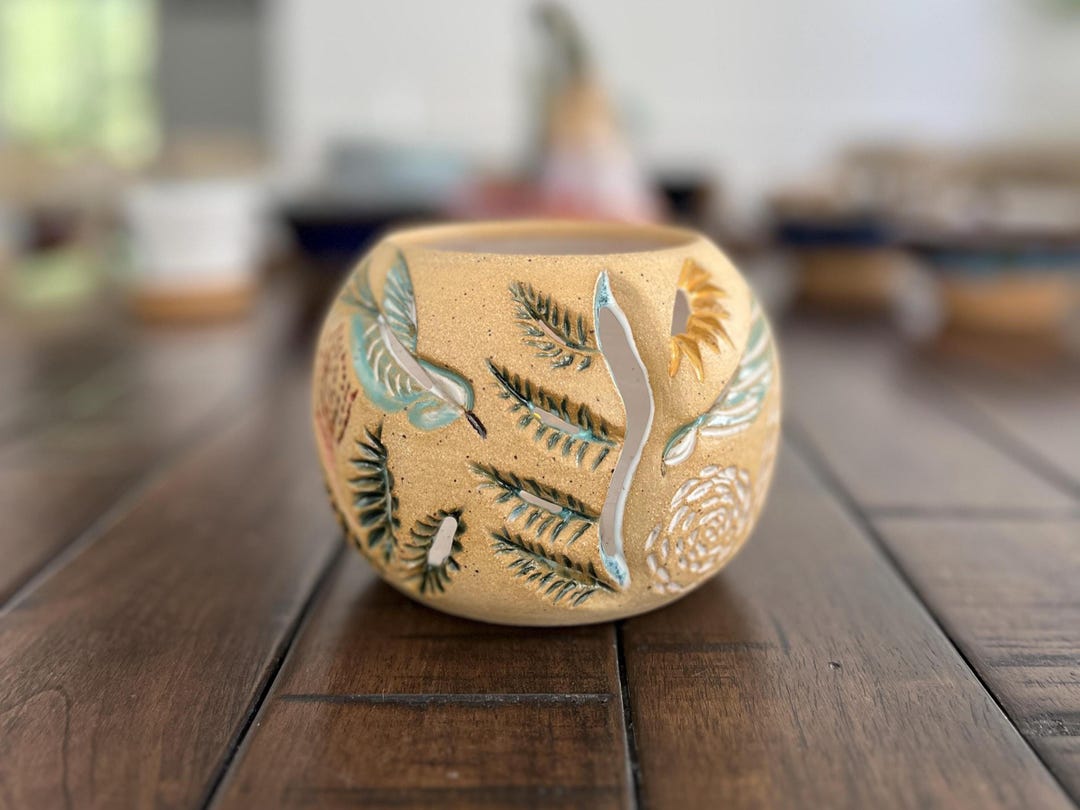 Hand Carved Round Vase Mountains and Birds Candle Holder Luminary - Etsy