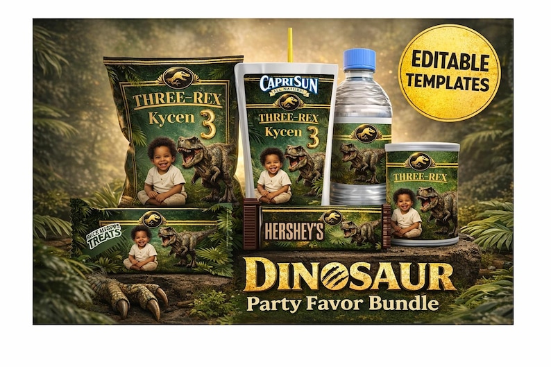 Dinosaur Party Favor Bundle | Editable Canva Templates (digital ...