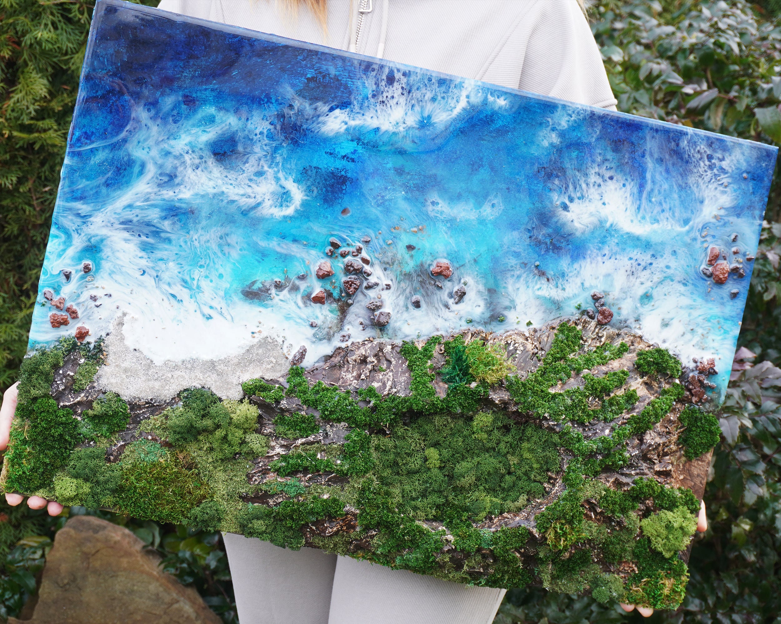 Epoxy Resin Ocean Painting, Stabilized Plants, Coastal Wall Art - Etsy
